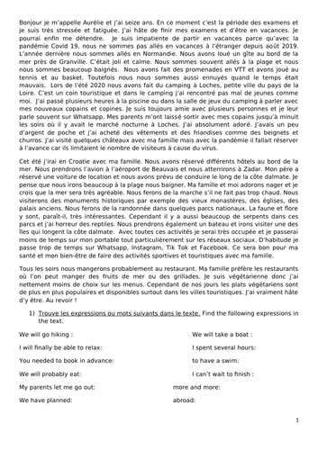 Mes dernieres et mes prochaines vacances. Activite de comprehension ...