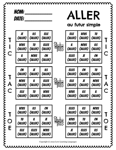 Aller - Irregular Futur Simple French Tic Tac Toe Games - No Prep ...