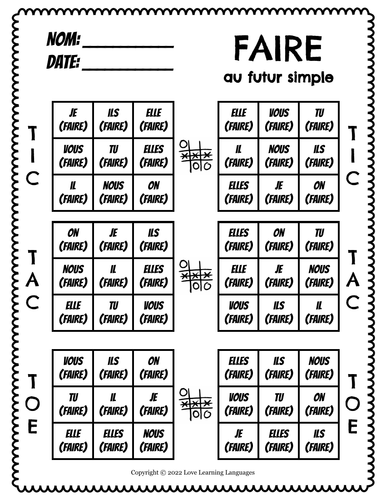 Faire - Irregular Futur Simple French Tic Tac Toe Games - No Prep ...