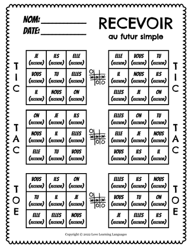 Recevoir - Irregular Futur Simple French Tic Tac Toe Games - No Prep ...