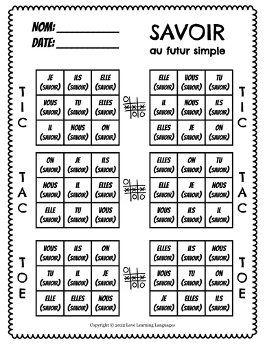 Savoir - Irregular Futur Simple French Tic Tac Toe Games - No Prep ...