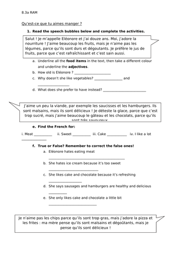 La nourriture narrow reading worksheet | Teaching Resources
