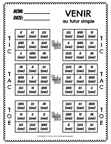 Venir - Irregular Futur Simple French Tic Tac Toe Games - No Prep ... Venir - Irregular Futur Simple French Tic Tac Toe Games - No Prep ...