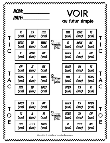 Voir - Irregular Futur Simple French Tic Tac Toe Games - No Prep ...