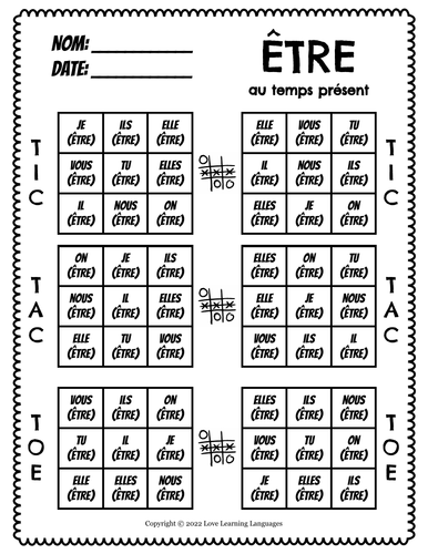 Être - Present Tense French Tic Tac Toe Games - No Prep Printable ...