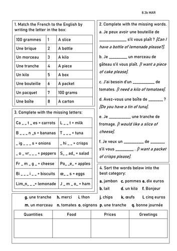 Faire des courses lesson | Teaching Resources