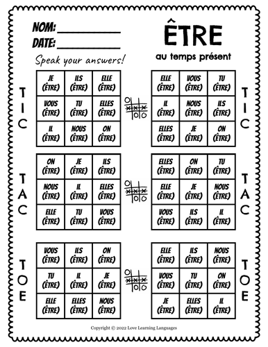 Être - Present Tense French Tic Tac Toe Games - No Prep Printable ...