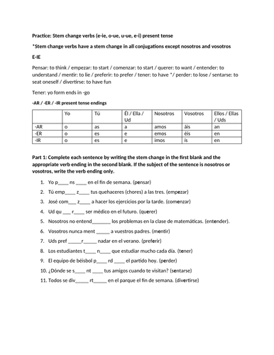 Stem change present tense practice worksheet | Teaching Resources