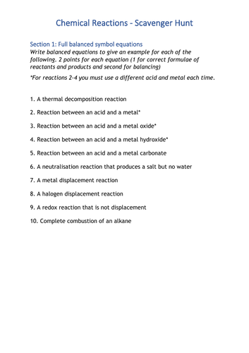 Chemical reactions - scavenger hunt | Teaching Resources
