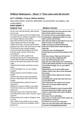 KS3 Famous Speeches: Shakespeare (Henry V) | Teaching Resources