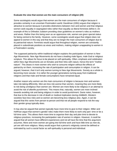 Belief Systems- gender and religiosity 20 marker | Teaching Resources