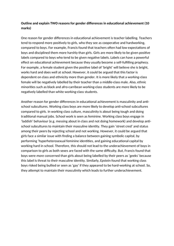 Education- gender differences in educational achievement 10 marker ...