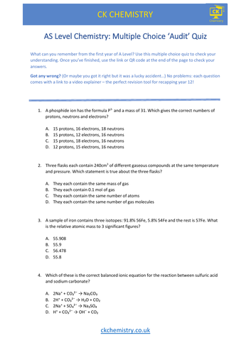 Chemistry AS Level mixed Multiple Choice Questions with video answers ...