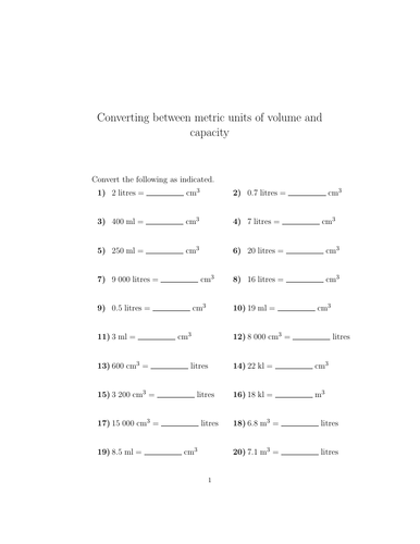 Converting between metric units of volume and capacity worksheet (with ...