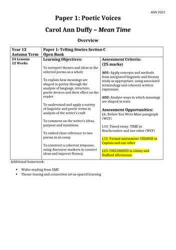 Duffy's Mean Time AQA Lang/Lit A-level Scheme & Resources | Teaching ...