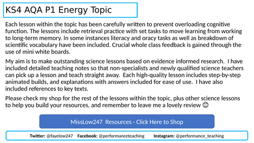 KS4 AQA Physics P1 Energy L1 Energy Stores and Transfer | Teaching ...