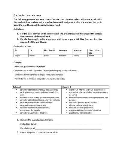Las clases y la tarea practice activity | Teaching Resources