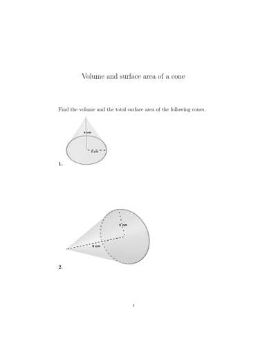 Volume and surface area of a cone worksheet (with solutions) | Teaching ...