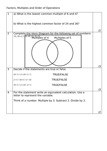 Factors, Multiples and Order of Operations | Teaching Resources