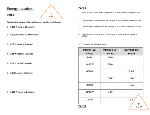 Energy and power equations | Teaching Resources