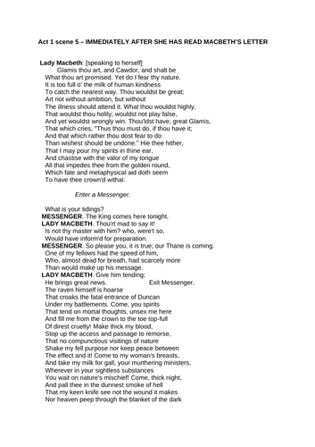 Lady Macbeth Act 1 scene 5 | Teaching Resources