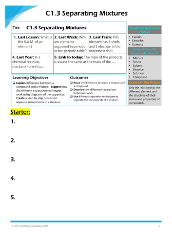 KS4 GCSE C1.3 Separating Mixtures (2022) S.T.A.R. | Teaching Resources