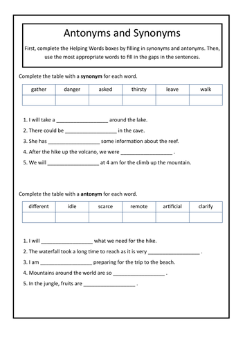 ANTONYMS and SYNONYMS Vocabulary Exercise | Teaching Resources
