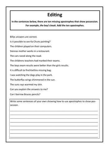 Editing Exercise APOSTROPHES OF POSSESSION | Teaching Resources
