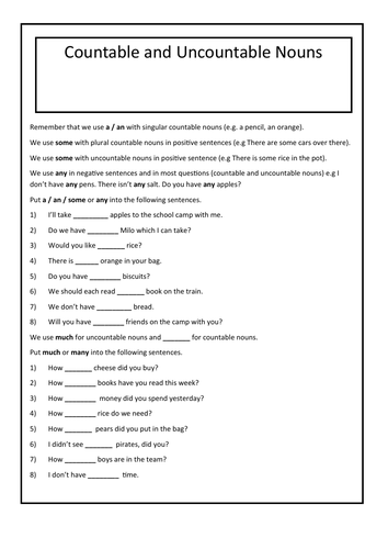 A/AN/SOME/ANY Countable and Uncountable Nouns Practice Exercise and ...