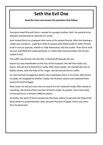 READING COMPREHENSION Seth The Evil One (Ancient Egyptians) | Teaching ...