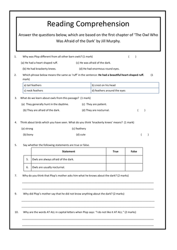READING COMPREHENSION Based on The Owl Who Was Afraid of the Dark ...