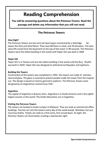 READING COMPREHENSION Based on Petronas Towers | Teaching Resources
