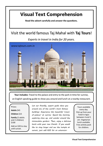 Visual COMPREHENSION about Taj Mahal | Teaching Resources