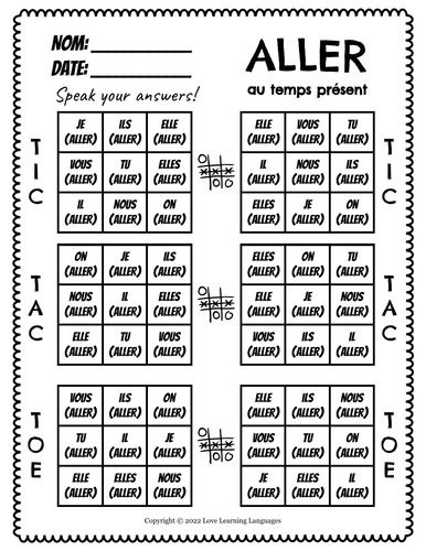 Aller - Present Tense French Tic Tac Toe Games - No Prep Printable ...