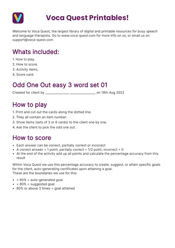 Odd One Out Easy 3 Word Set 01 - Voca Quest Printable | Teaching Resources