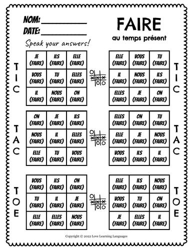 Faire - Present Tense French Tic Tac Toe Games - No Prep Printable ...