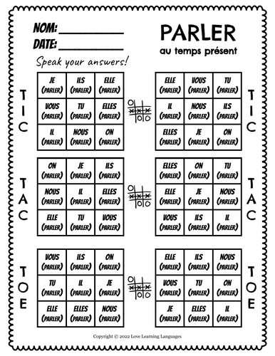 Parler - Present Tense French Tic Tac Toe Games - No Prep Printable ...