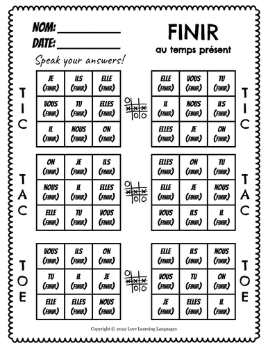 Finir - Present Tense French Tic Tac Toe Games - No Prep Printable ...