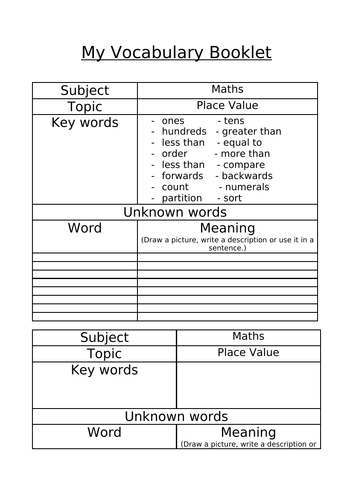 Vocabulary Booklet | Teaching Resources