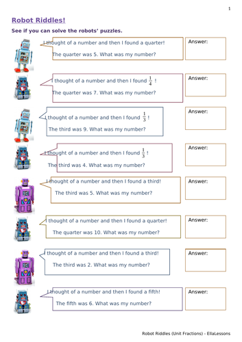 Robot Riddles (Unit Fractions) - KS2 Fractions | Teaching Resources