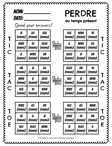 Perdre - Present Tense French Tic Tac Toe Games - No Prep Printable ...