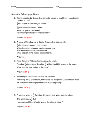 Challenging Word Problems on Fractions of Amounts Worksheet | Teaching ...