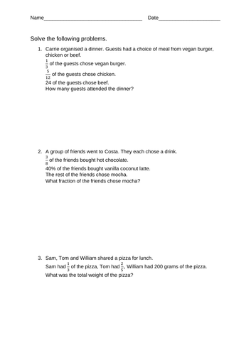 Challenging Word Problems on Fractions of Amounts Worksheet | Teaching ...