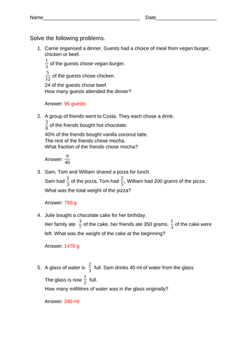 Challenging Word Problems on Fractions of Amounts Worksheet | Teaching ...