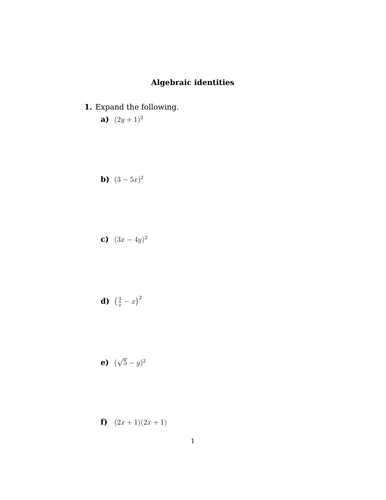 Algebraic identities (harder) worksheet (with solutions) | Teaching ...