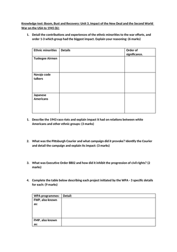Knowledge test: Boom, Bust and Recovery: Unit 3, Impact of the New Deal ...