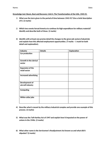 Knowledge test: Boom, Bust and Recovery: Unit 4, The Transformation of ...