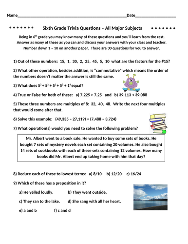 Sixth Grade Trivia Questions (For 6th Grade Only) | Teaching Resources