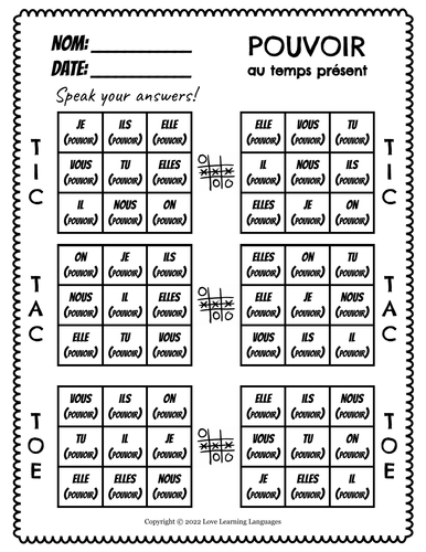 Pouvoir - Present Tense French Tic Tac Toe Games - No Prep Printable ...