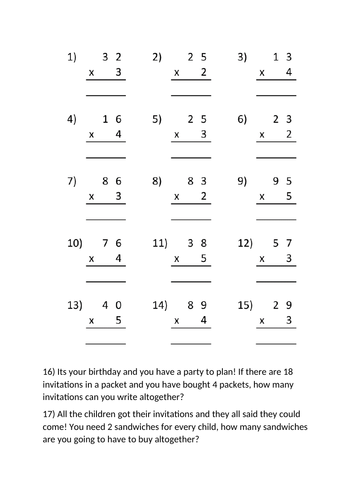 Birthday themed multiplication sheet (2 digits by 1 digit and two word ...